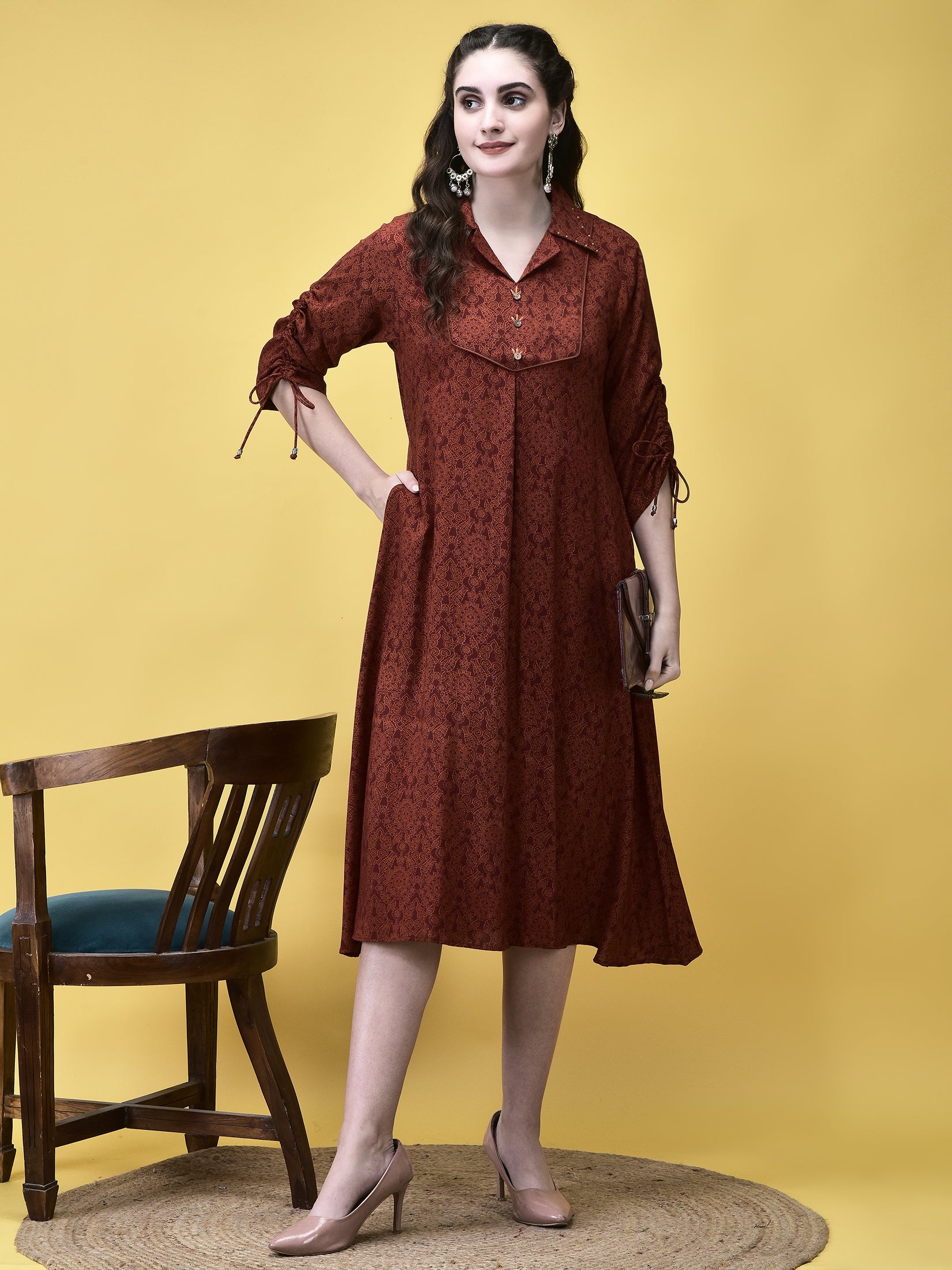 Women Liva Rayon Rust Floral Print Dress