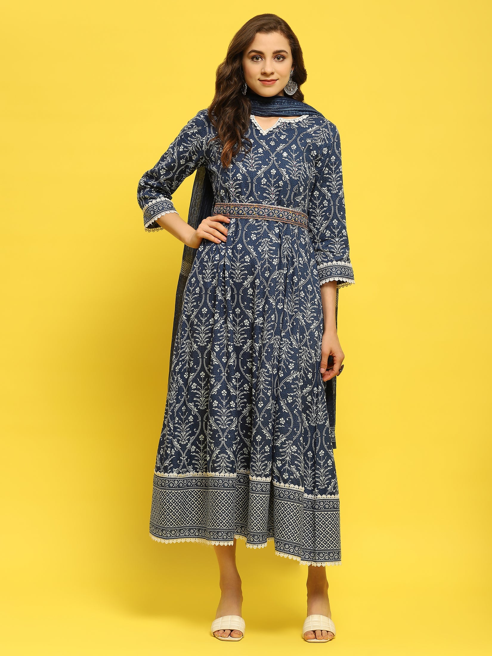 Indigo Blue Printed Dress with Dupatta, Dresses for Women