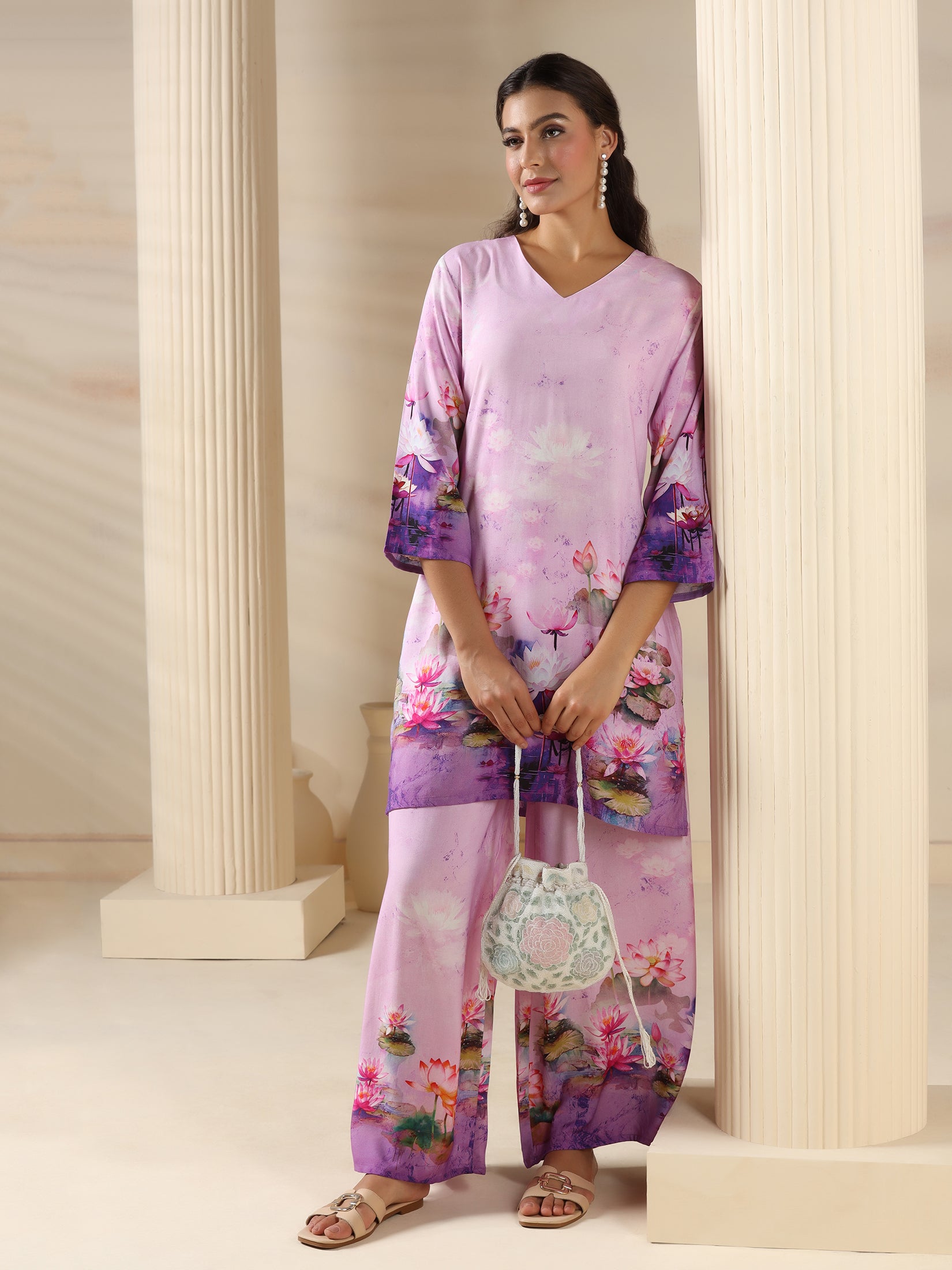 Women Liva Lilac Floral Print Co-Ord Set